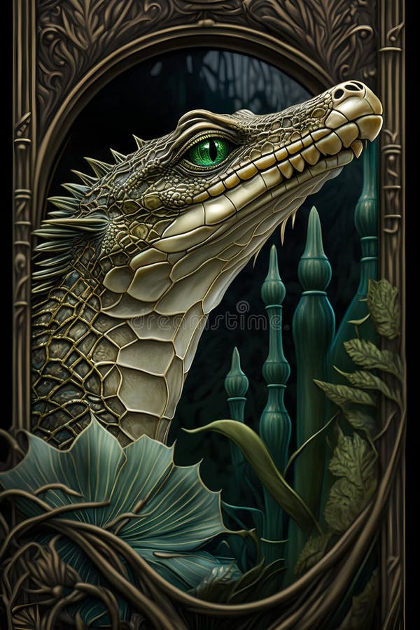 3D Rendering of a Fantasy Dragon in a Frame with Green Eyes Stock ...