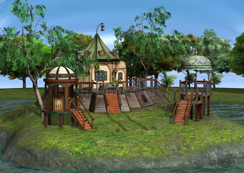 3D Rendering Fantasy Home stock illustration. Illustration of river ...