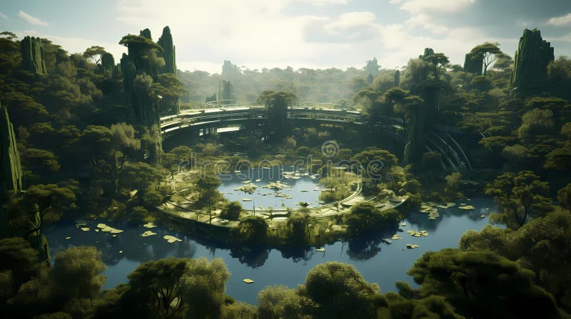 3D Rendering of a Fantasy Landscape with a Pond and a Bridge ...