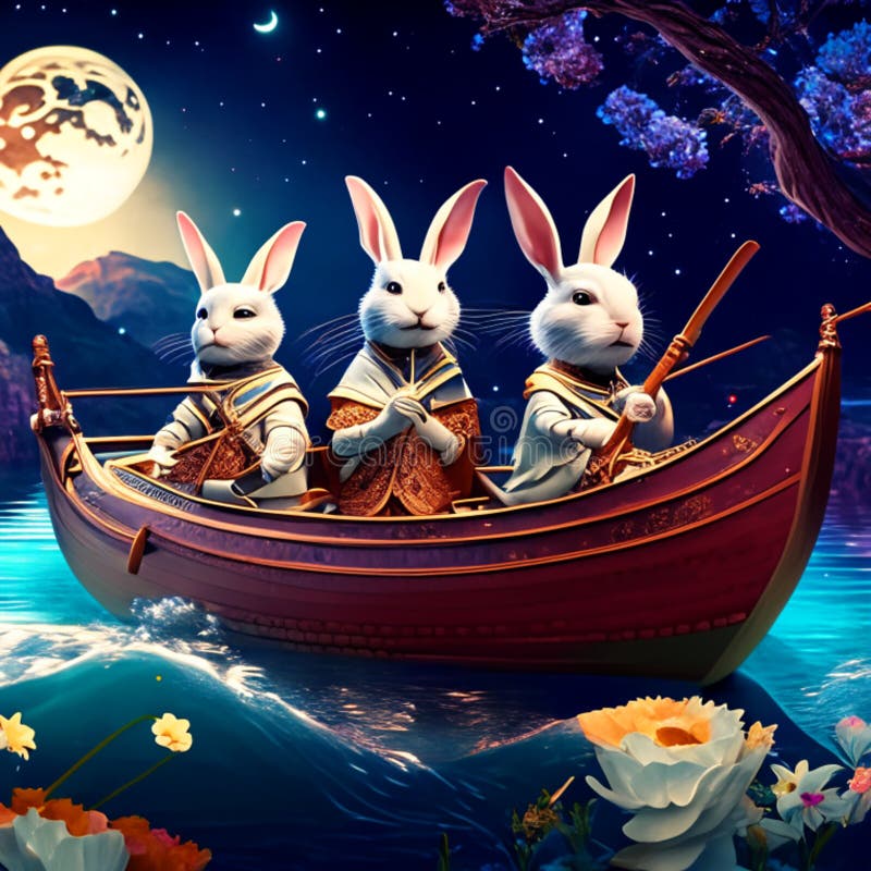 3d Rendering of a Fantasy Scene with a Group of Rabbits in a Boat ...
