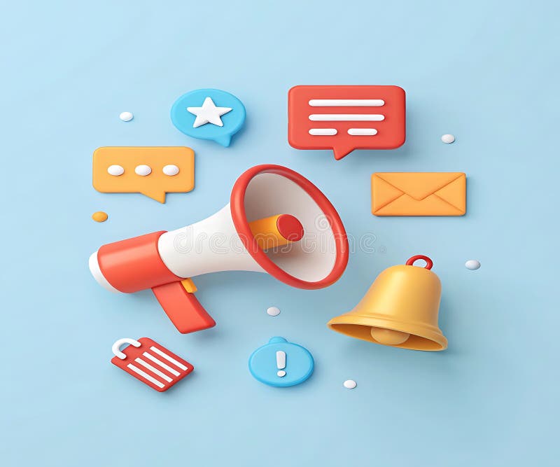 3D Megaphone with Notification Icons Announcement Graphic Stock ...