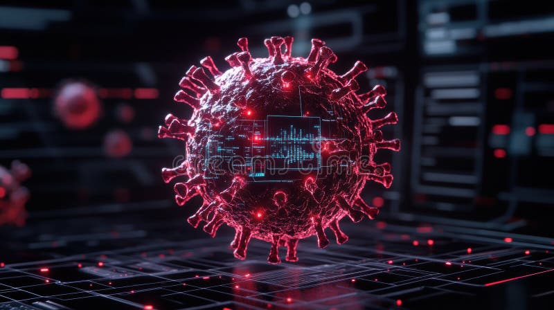 This 3D Rendering Features a Virus Particle Set Against a High-tech ...