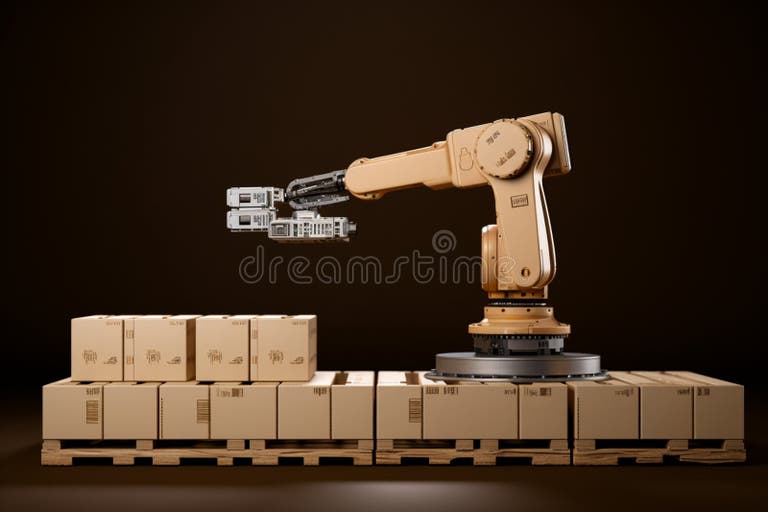 A 3D Rendering Featuring a Mechanical Arm Interacting with a Cardboard ...