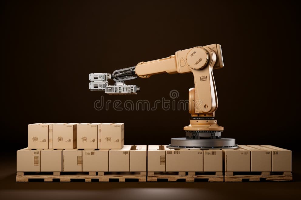 A 3D Rendering Featuring a Mechanical Arm Interacting with a Cardboard ...