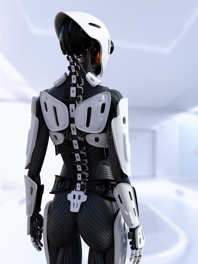 3D Rendering of a Female Android Robot with Back Against Camera Stock ...