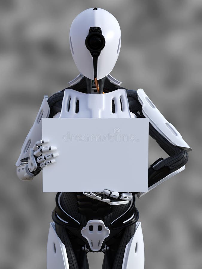 3D Rendering of a Female Android Robot Holding Sign. Stock Illustration ...