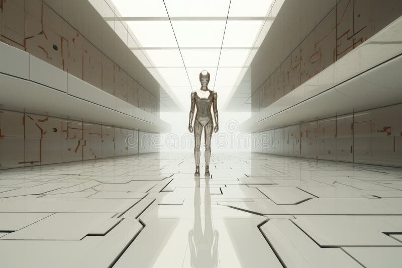 3D Rendering of a Female Figure in a Futuristic Interior with an Empty ...