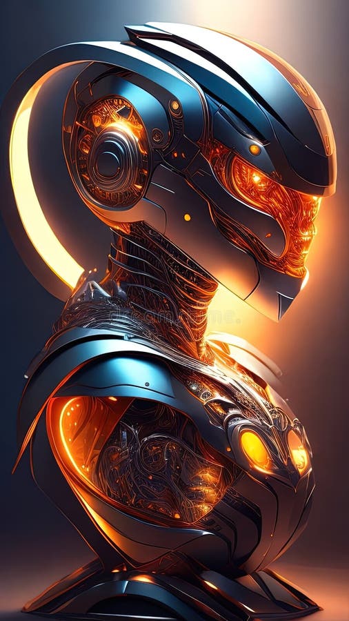 3D Rendering of a Female Robot with a Futuristic Helmet on a Dark ...