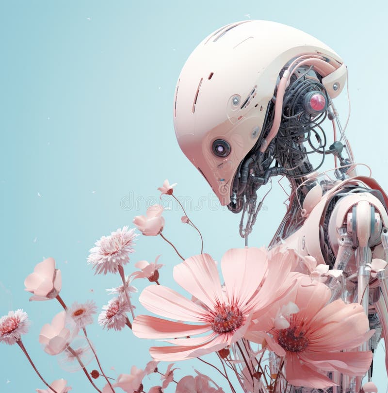 3D Rendering of a Female Robot with Pink Flowers on Blue Background ...