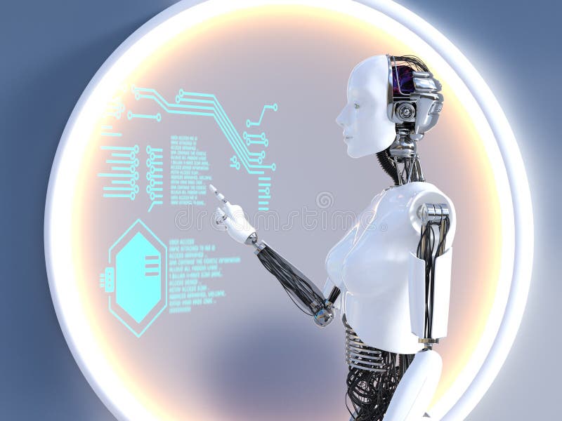 3D Rendering of Female Robot Using Floating Screen Stock Illustration ...