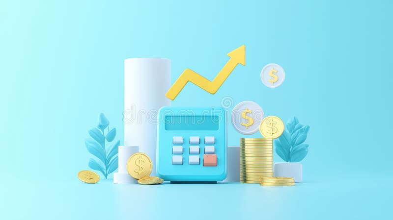 3D Rendering Financial Calculator with Coins and Growth Chart Stock ...