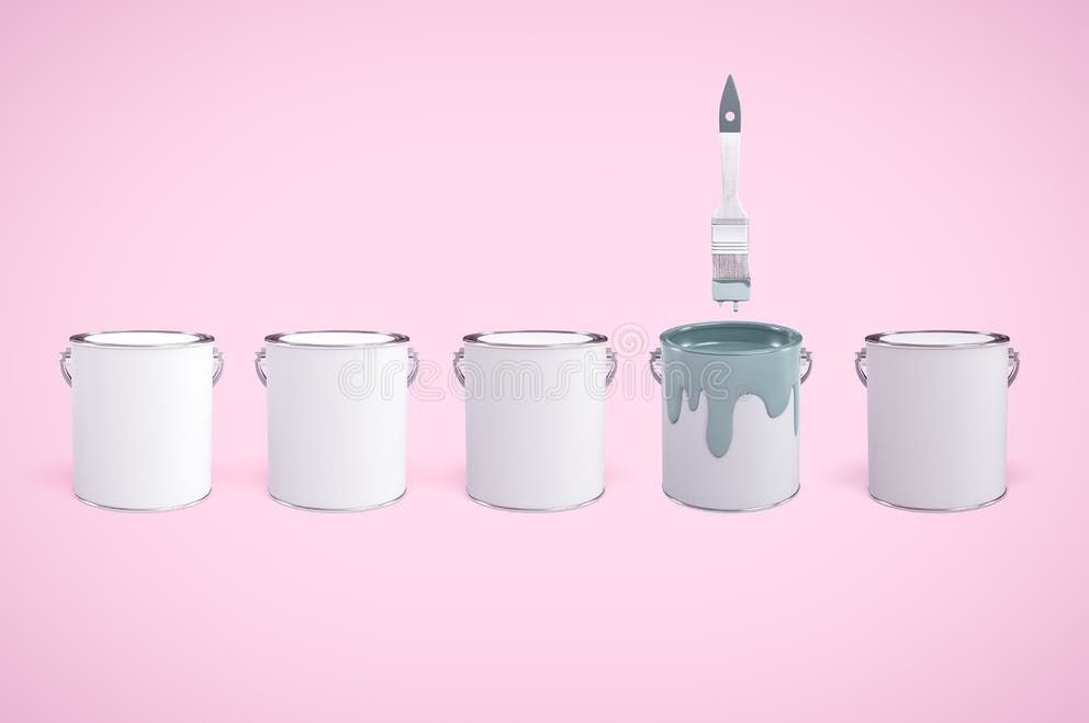 3d Rendering of Five Cans of Paint in a Row, One of Them Open with Grey ...