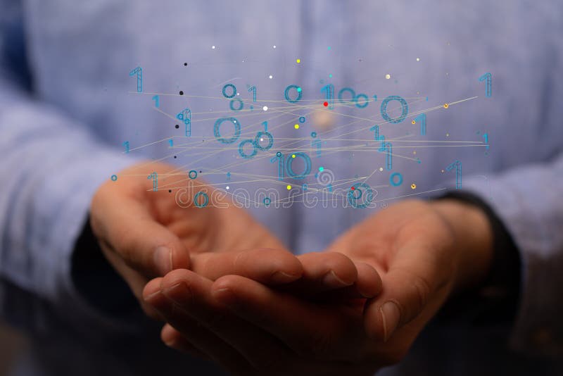 3D Rendering of Floating Digital Data Network Symbol on Hand Stock ...
