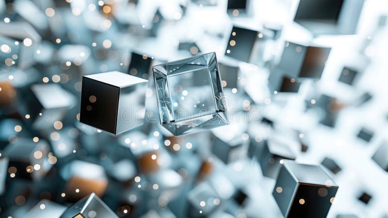 3D Rendering of Floating Glass Cubes with Glowing Particles AIG535 ...