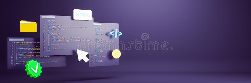 3D Rendering of Floating HTML, CSS, and JavaScript Code Blocks with Coding Icons and Folder ...