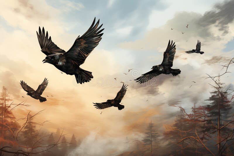 3D Rendering of a Flock of Ravens Flying in the Sky Generative AI ...