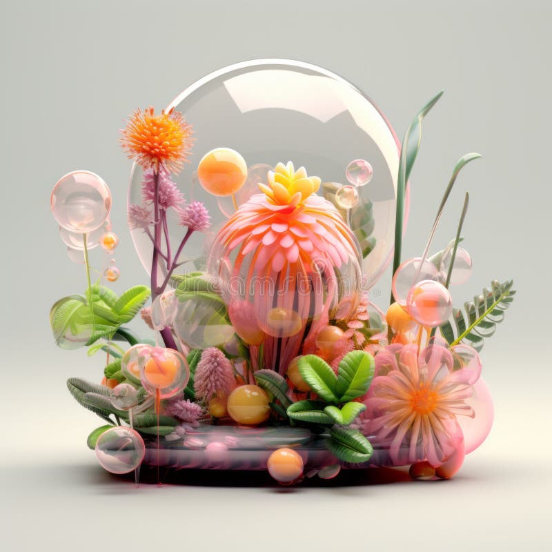3d Rendering of Flowers and Plants in a Glass Dome Stock Illustration ...