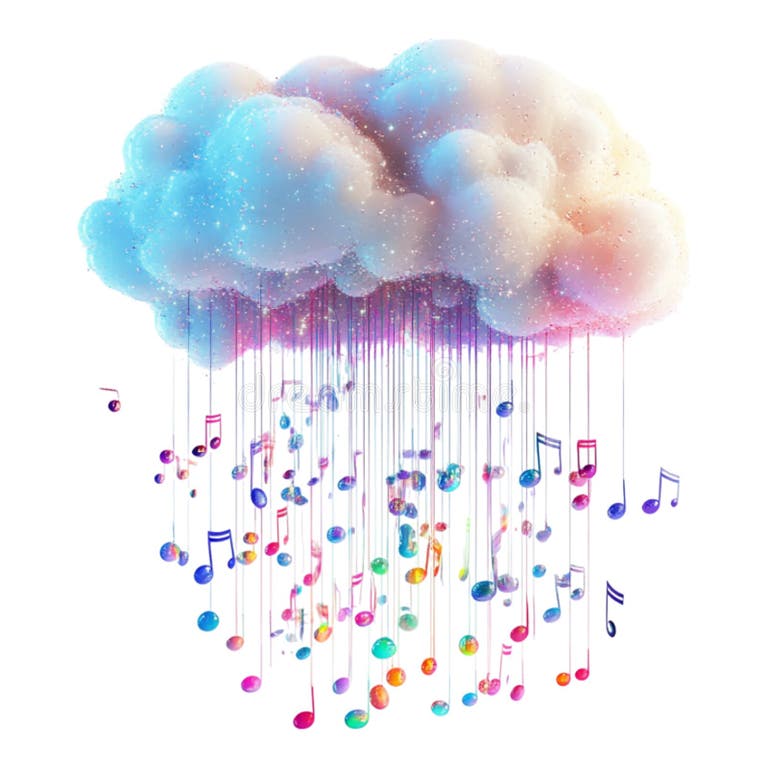 3D Rendering of a Fluffy Cloud Raining Whimsical Musical Notes Against ...