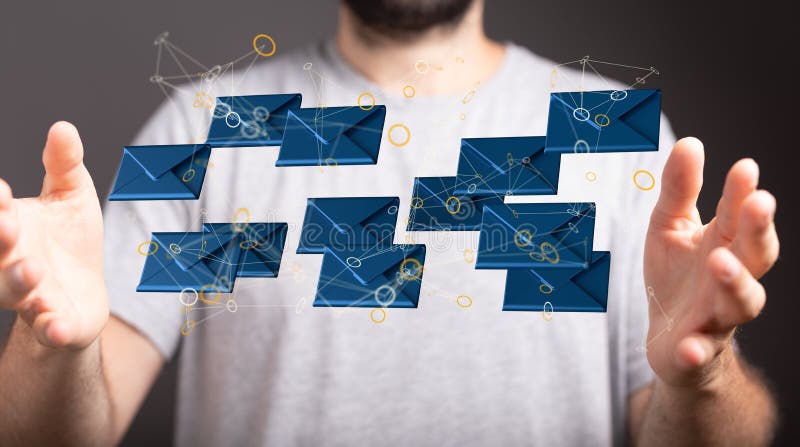 3D Rendering of Flying Email Icons Held by a Man Stock Illustration ...