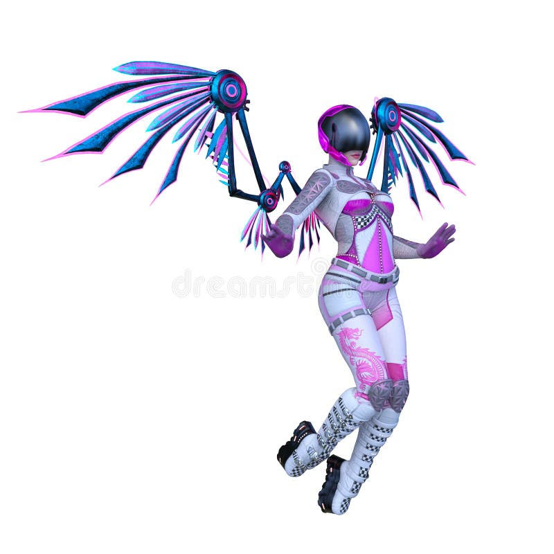 3D Rendering of a Flying Female Cyborg Stock Illustration ...
