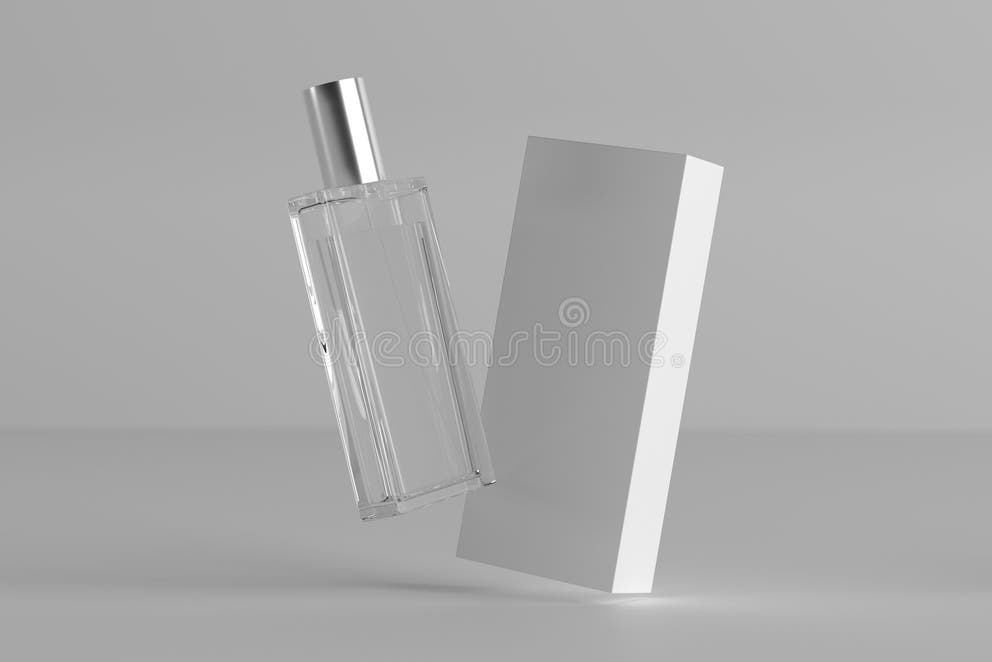 3D Rendering of a Flying Perfume Packaging Mockup on a Stand with Place ...