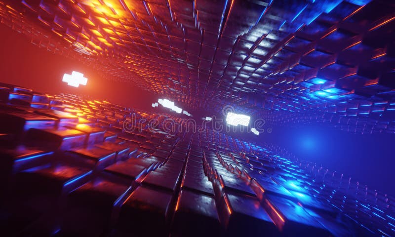 3D Rendering Flying in a Technological Abstract Space with Luminous ...