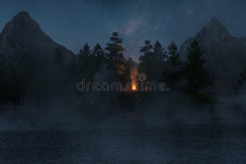 3d Rendering of a Foggy Nightscape with an Island and Bonfire Stock ...