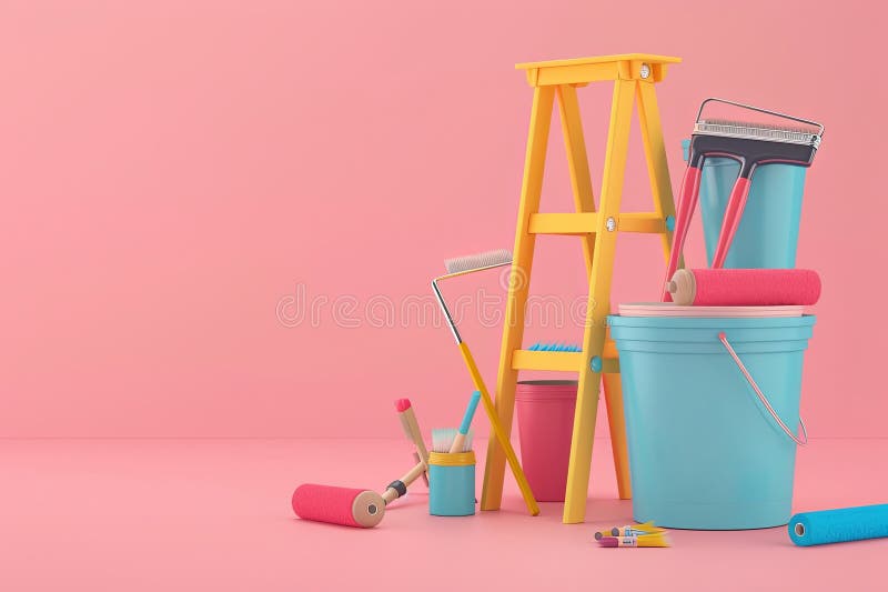 3D Rendering of a Folding Ladder, Paint Rollers, Paint Brushes, and ...