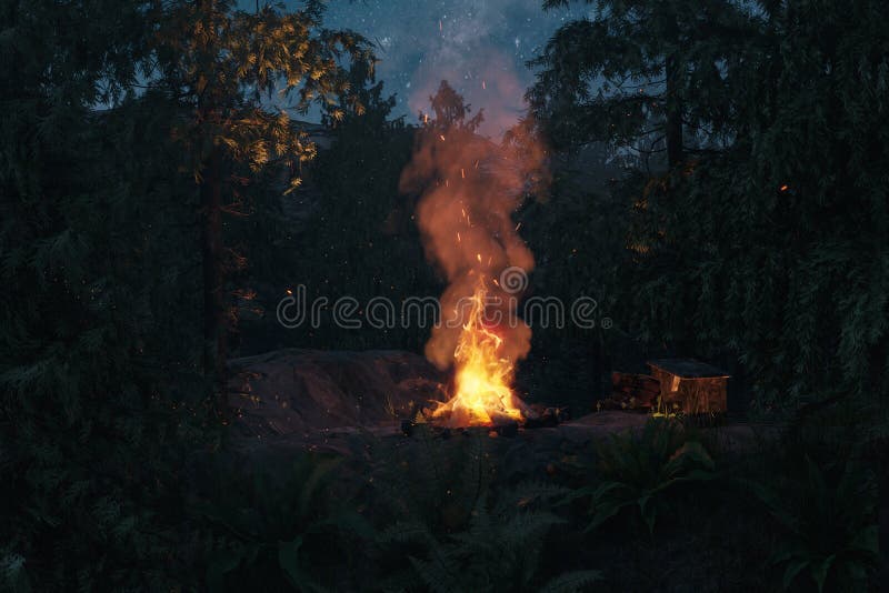 3d Rendering of a Forest Night Scene with Big Bonfire Stock ...