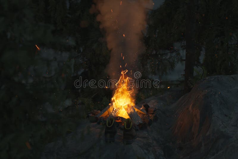 3d Rendering of a Forest Night Scene with Big Bonfire Stock ...