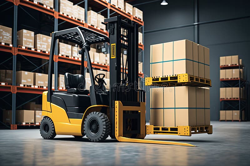 3D Rendering of a Forklift in the Big Warehouse with Storage Shelves in ...