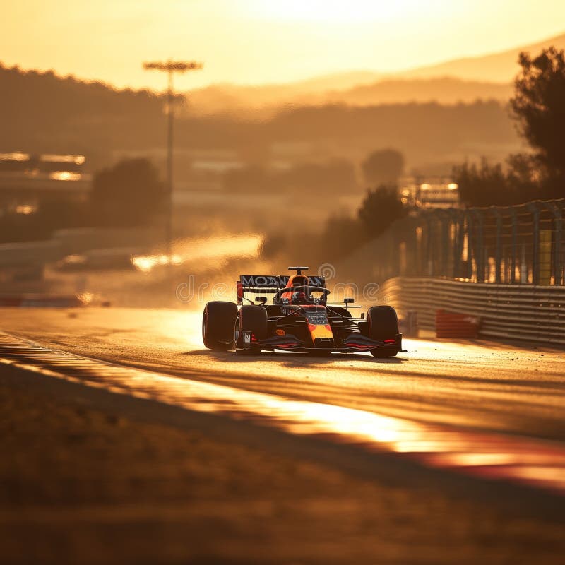 3D Rendering of a Formula 1 Race Car Racing on Track at Sunset Stock ...