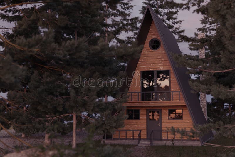 3d Rendering of a-frame Wooden Cabin in Forest Full with Pine Trees in ...