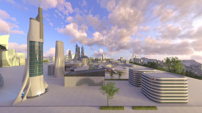 3D Rendering of the Future City Scenery Stock Illustration - Illustration of building, clouds ...