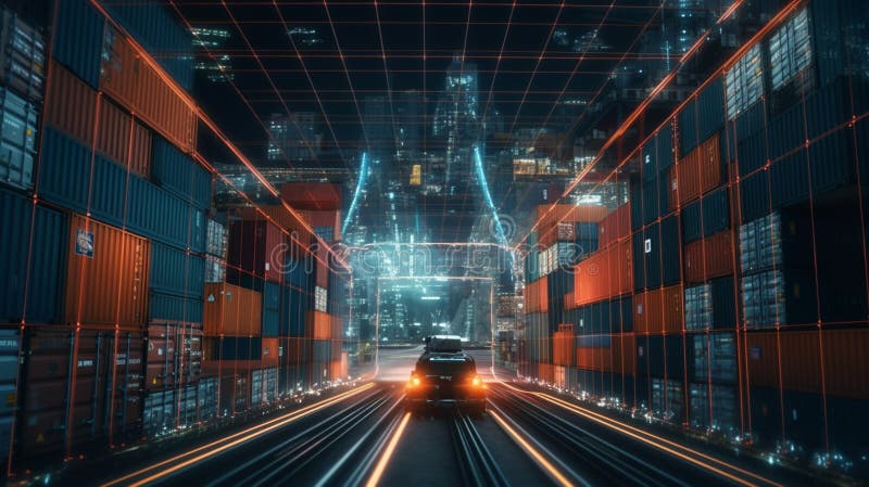 3d Rendering Futuristic of Cargo Freight Ship in the Port at Night ...