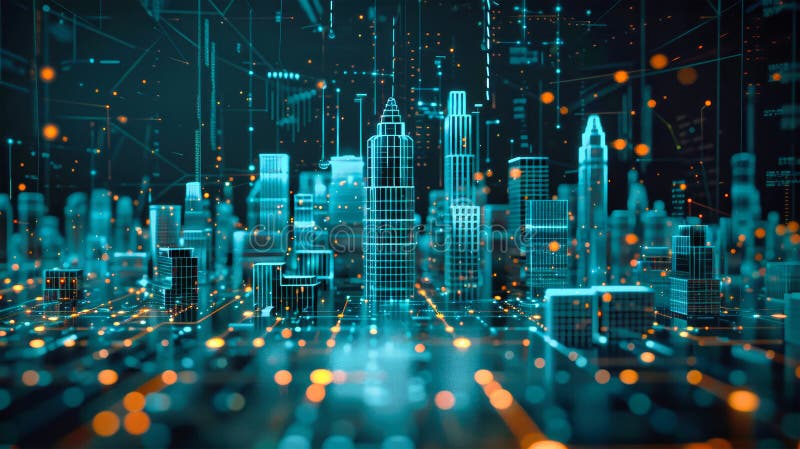 A 3D Rendering of a Futuristic Cityscape, Composed of Glowing Lines and ...