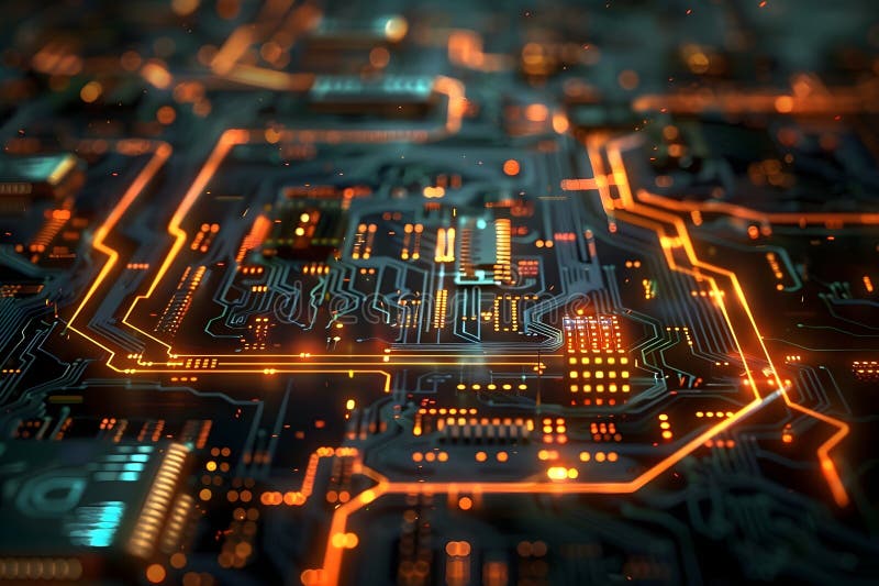 3D Rendering of a Futuristic Computer Chip with Glowing Orange Lines ...