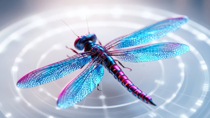 Futuristic Dragonfly with Blue and Pink Wings on Abstract Background ...