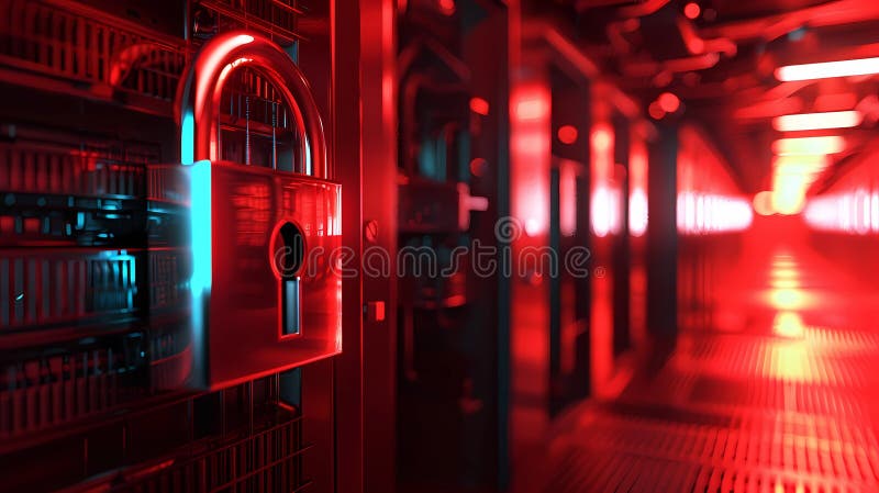 3D Rendering of a Futuristic Server Room with a Closed Padlock ...