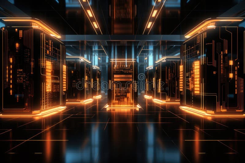 3D Rendering of Futuristic Server Room with Glowing Lights and ...
