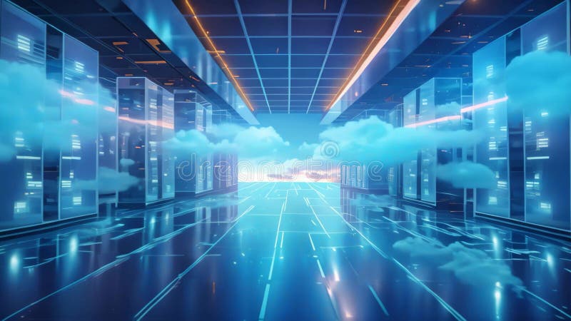 3D Rendering of Futuristic Server Room with Servers and Blue Sky ...