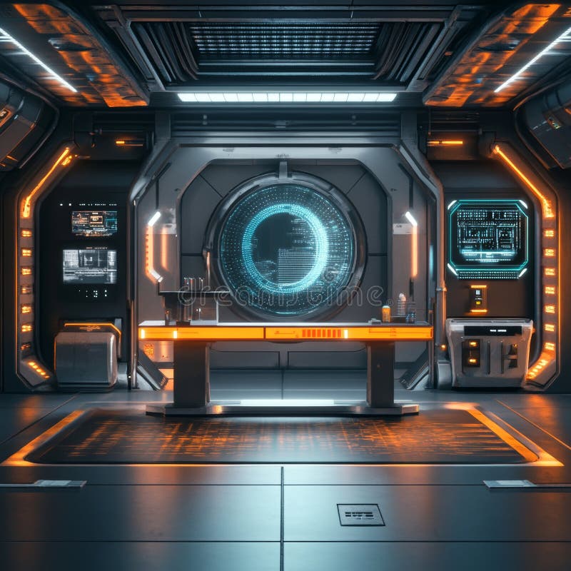 3D Rendering of Futuristic Spaceship Interior with HUD Elements ...