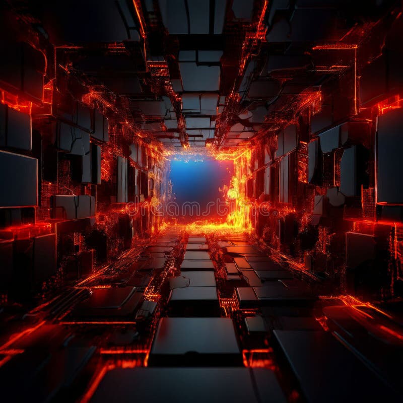 3d Rendering Of Futuristic Spaceship With Red Glowing Particles Computer Abstract Background