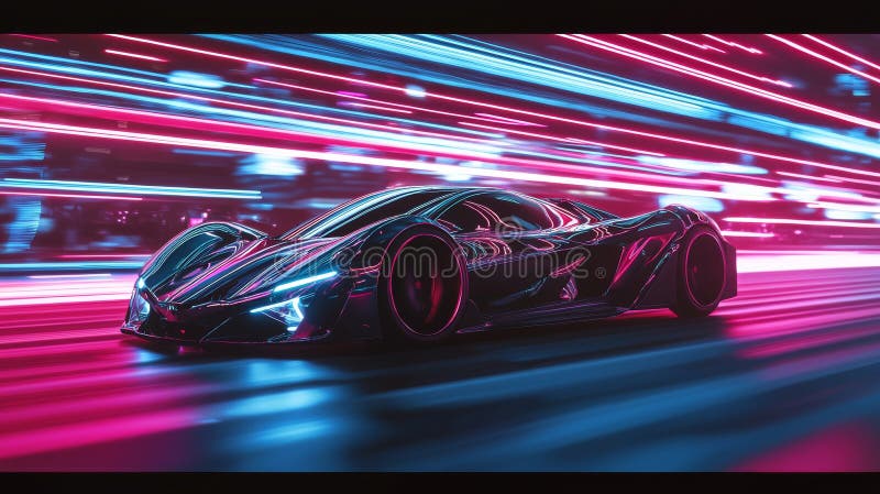 3D Rendering of a Futuristic Sports Car Accelerating Along a Neon-lit ...