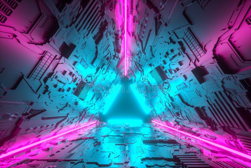 3d Rendering Of A Futuristic Triangular Corridor With Neon Lights