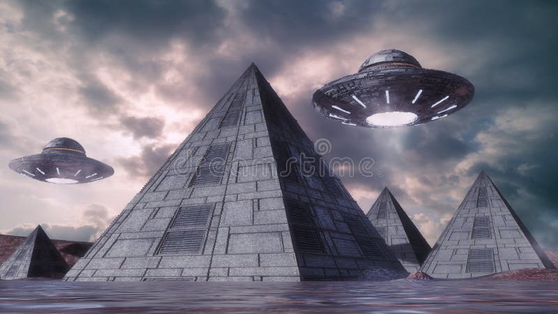 Futuristic Unidentified Flying Object and Pyramid Stock Illustration ...