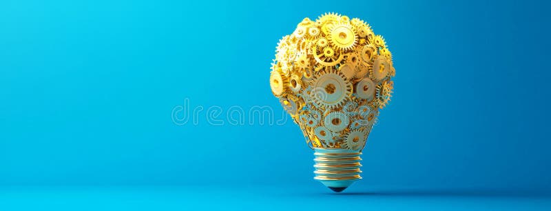 3D Rendering of Gear Light Bulb on Wide Blue Background with Mockup ...