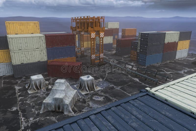 3D Rendering of a Generic Docklands Shipping Container Yard Viewed from ...