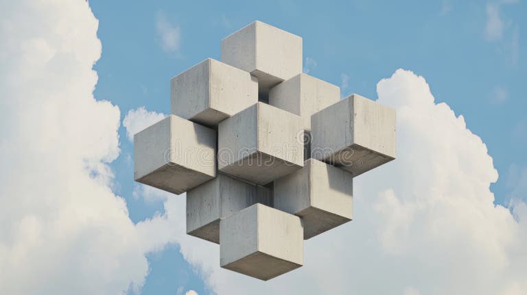 A 3D Rendering of a Geometric Cube Structure Against a Blue Sky with ...