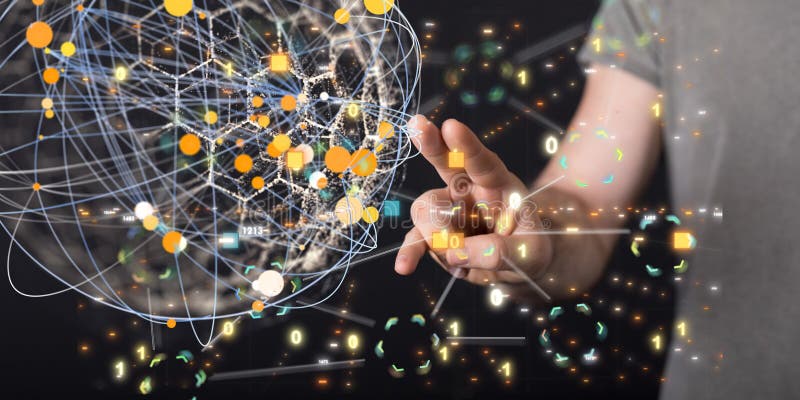 3d Rendering Of Global Network Connection And Binary Codes With A Male Touching It From Behind